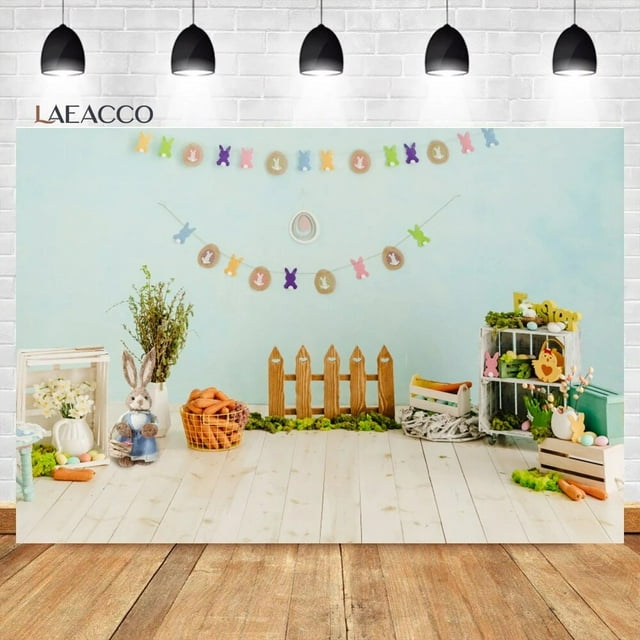 Laeacco Easter Backgrounds Wooden House Green Grass Flowers Easter Eggs ...