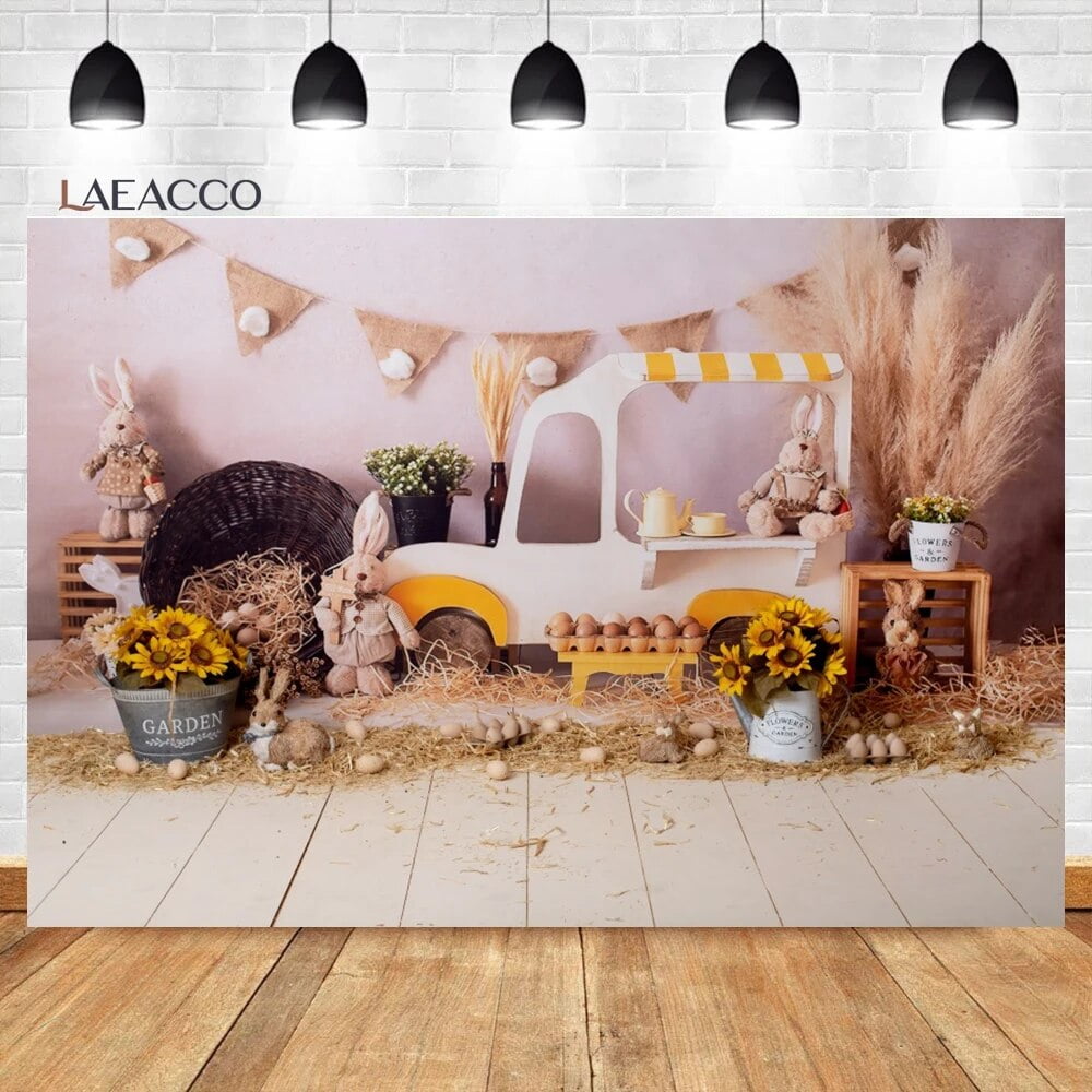 Laeacco Easter Backgrounds Wooden House Green Grass Flowers Easter Eggs ...