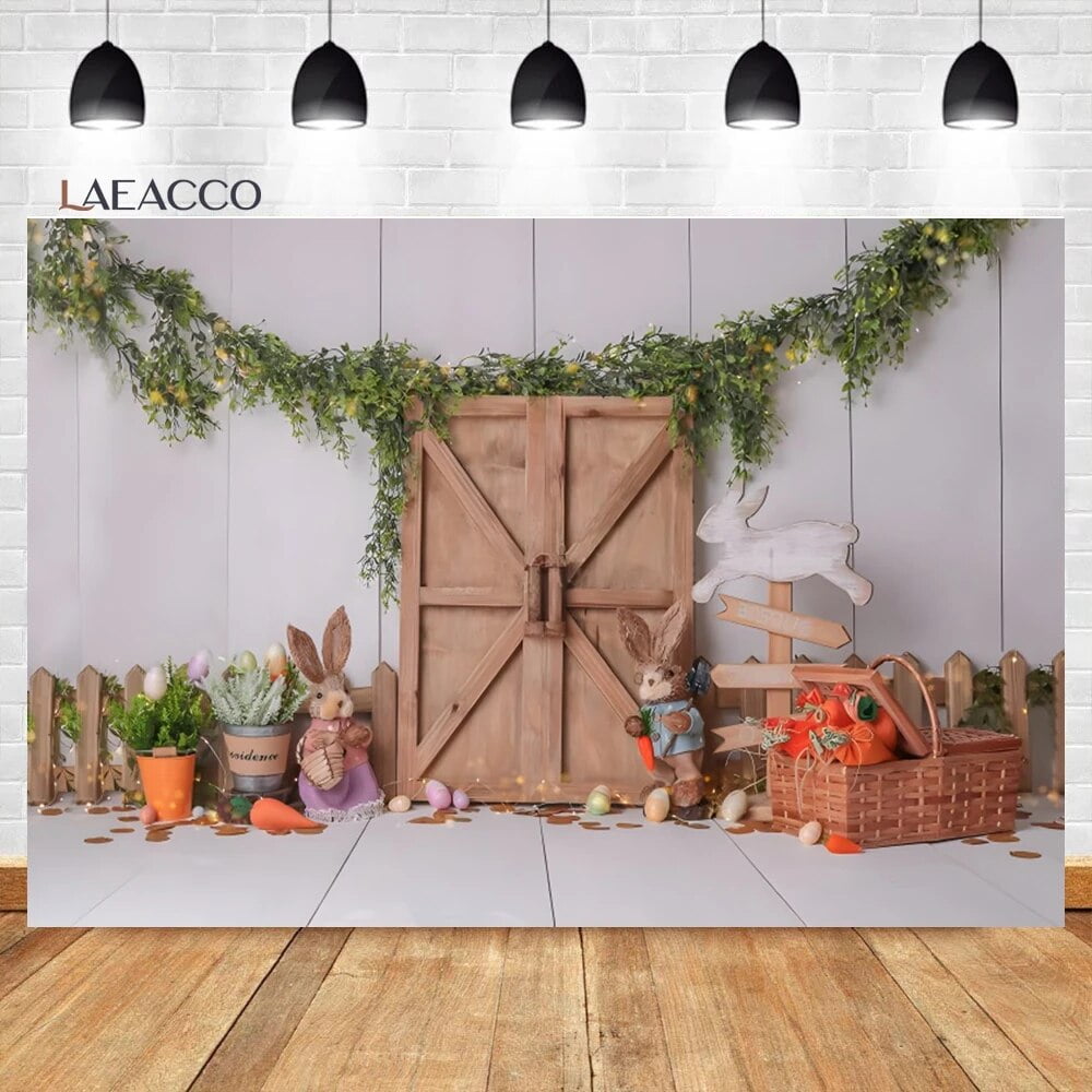 Laeacco Easter Backgrounds Wooden House Green Grass Flowers Easter Eggs ...