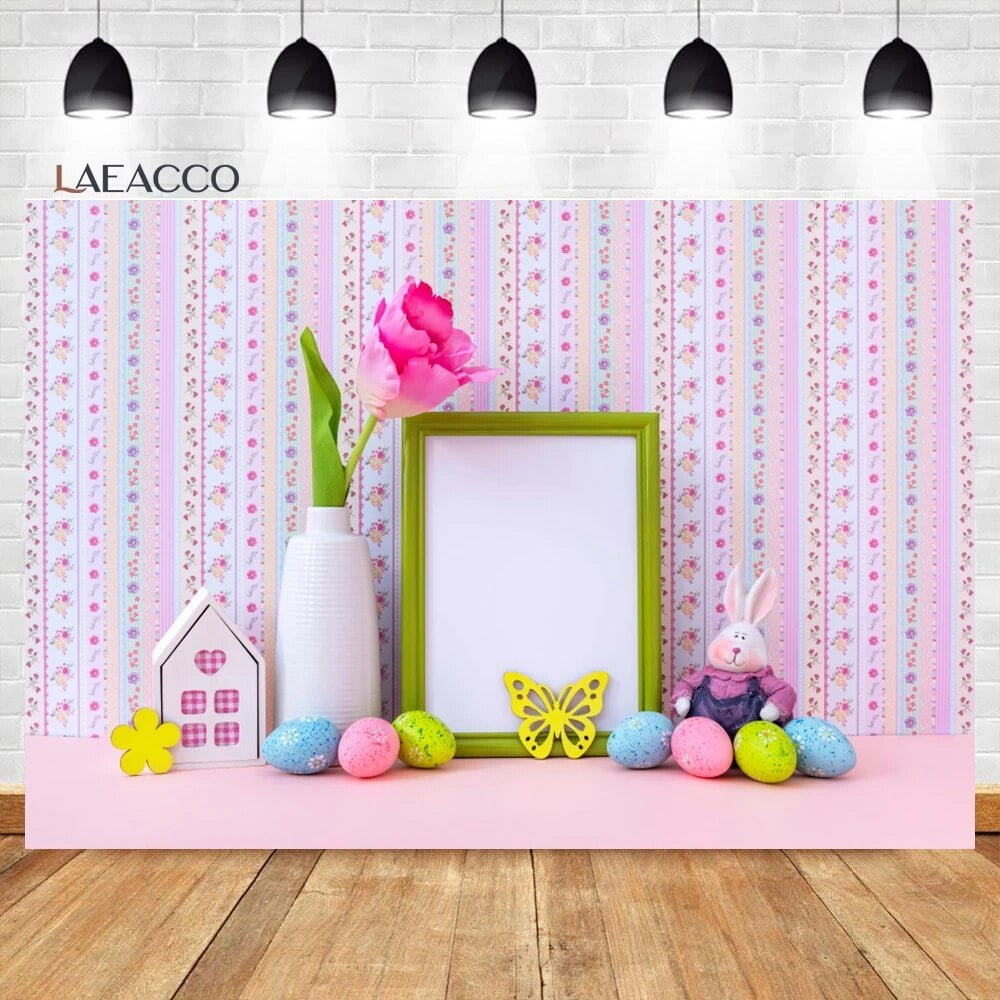 Laeacco Easter Backgrounds Wooden House Green Grass Flowers Easter Eggs ...