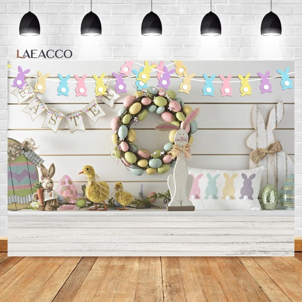 Laeacco Easter Backgrounds Wooden House Green Grass Flowers Easter Eggs ...