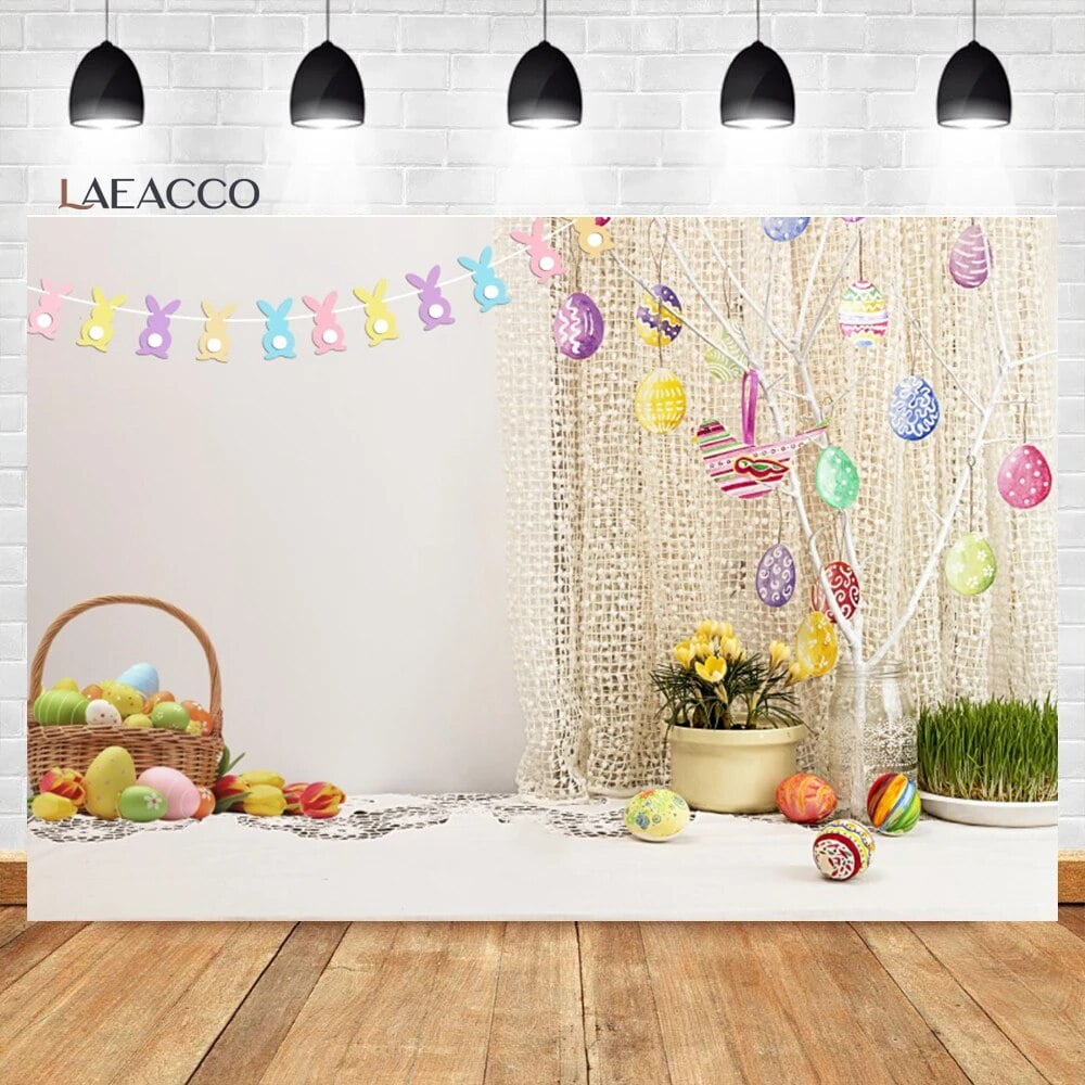 Laeacco Easter Backgrounds Wooden House Green Grass Flowers Easter Eggs ...