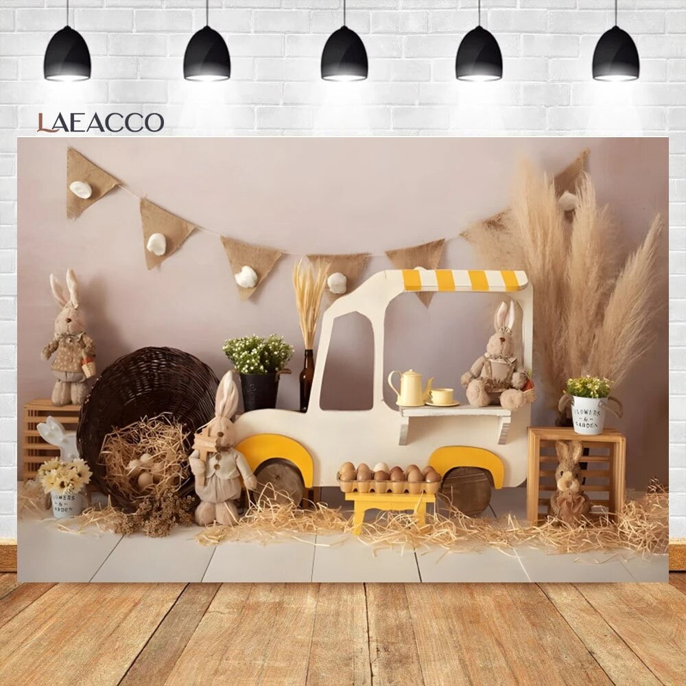 Laeacco Easter Backgrounds Wooden House Green Grass Flowers Easter Eggs ...