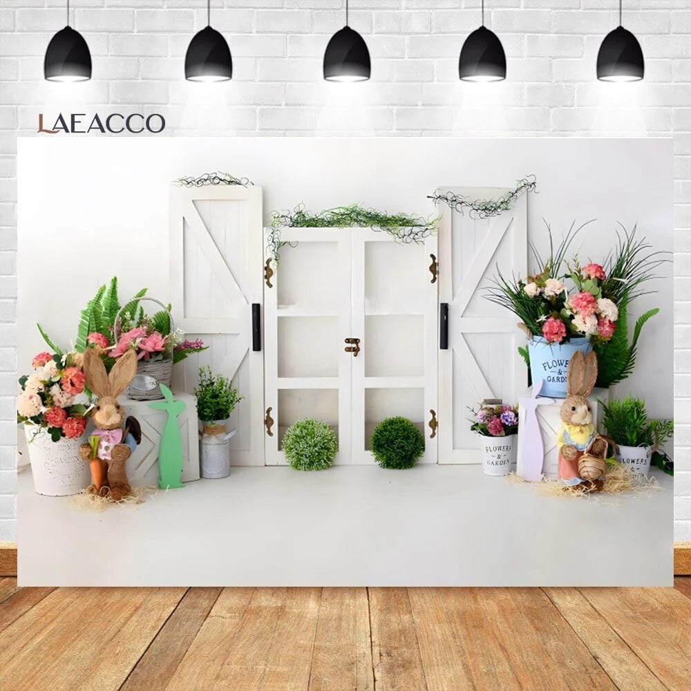 Laeacco Easter Backgrounds Wooden House Green Grass Flowers Easter Eggs ...
