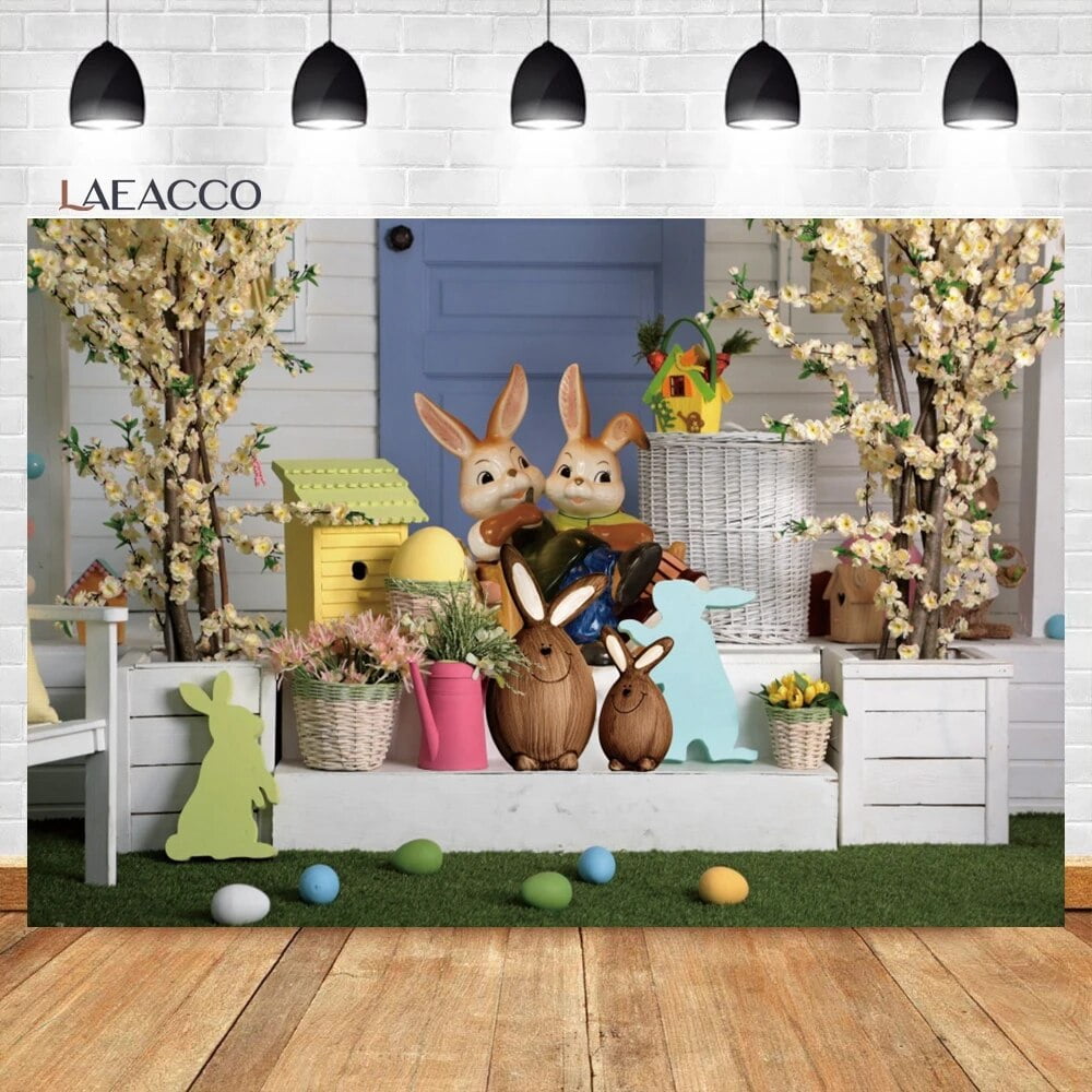 Laeacco Easter Backgrounds Wooden House Green Grass Flowers Easter Eggs ...