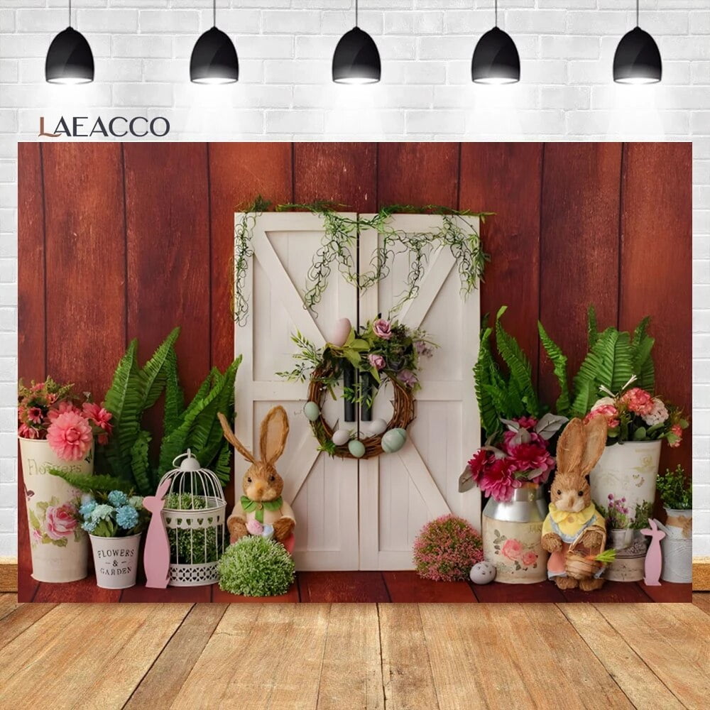 Laeacco Easter Backgrounds Wooden House Green Grass Flowers Easter Eggs ...
