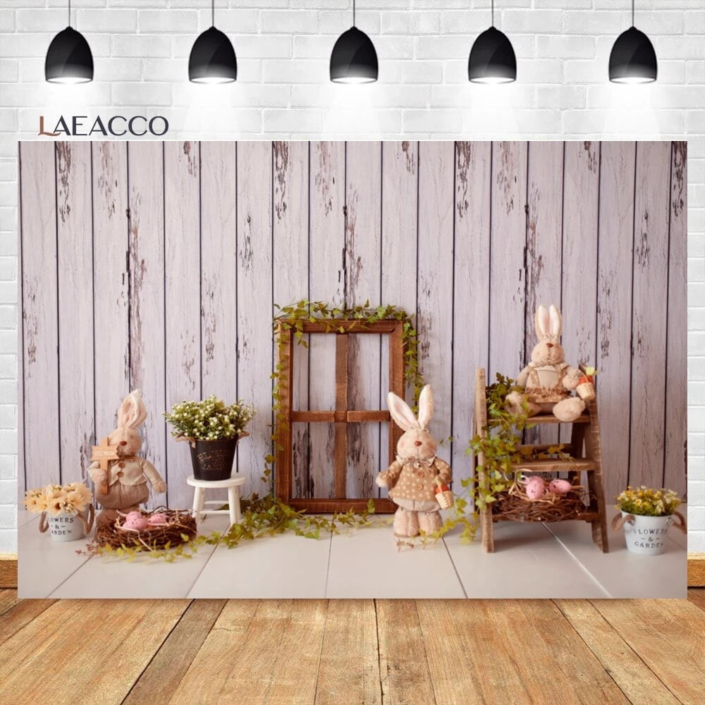 Laeacco Easter Backgrounds Wooden House Green Grass Flowers Easter Eggs ...