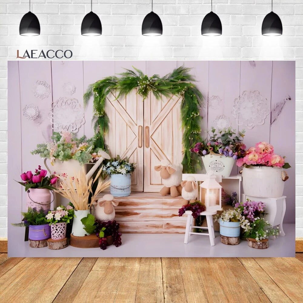 Laeacco Easter Backgrounds Wooden House Green Grass Flowers Easter Eggs ...