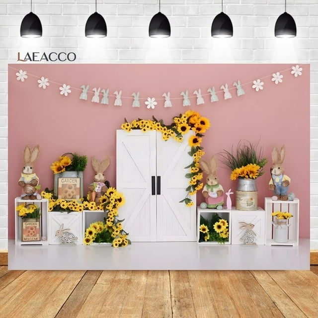 Laeacco Easter Backgrounds Wooden House Green Grass Flowers Easter Eggs ...