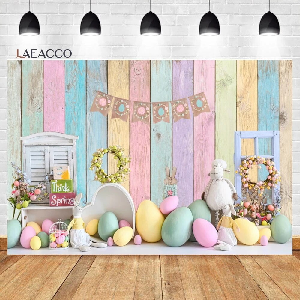 Laeacco Easter Photography Backdrop Spring Rustic Colorful Wooden ...