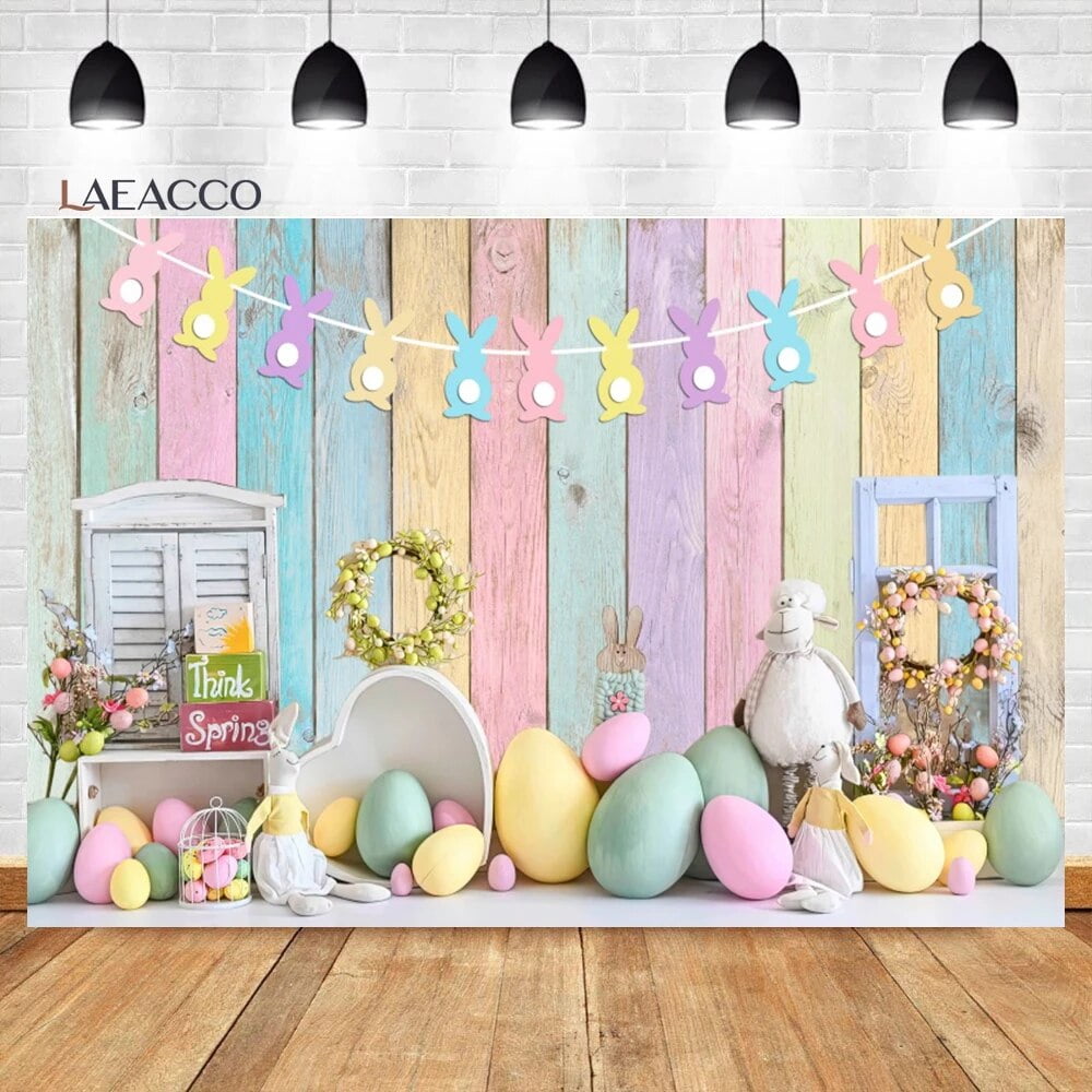 Laeacco Easter Photography Backdrop Spring Rustic Colorful Wooden ...