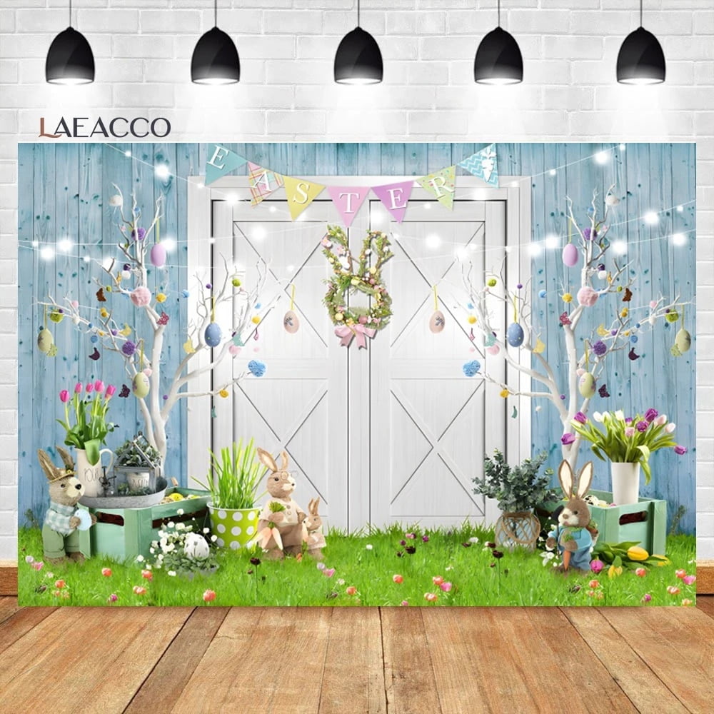 Laeacco Easter Photography Backgrounds Wooden Board Wall Green Grass ...