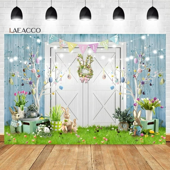 Laeacco Easter Photography Backgrounds Wooden Board Wall Green Grass ...