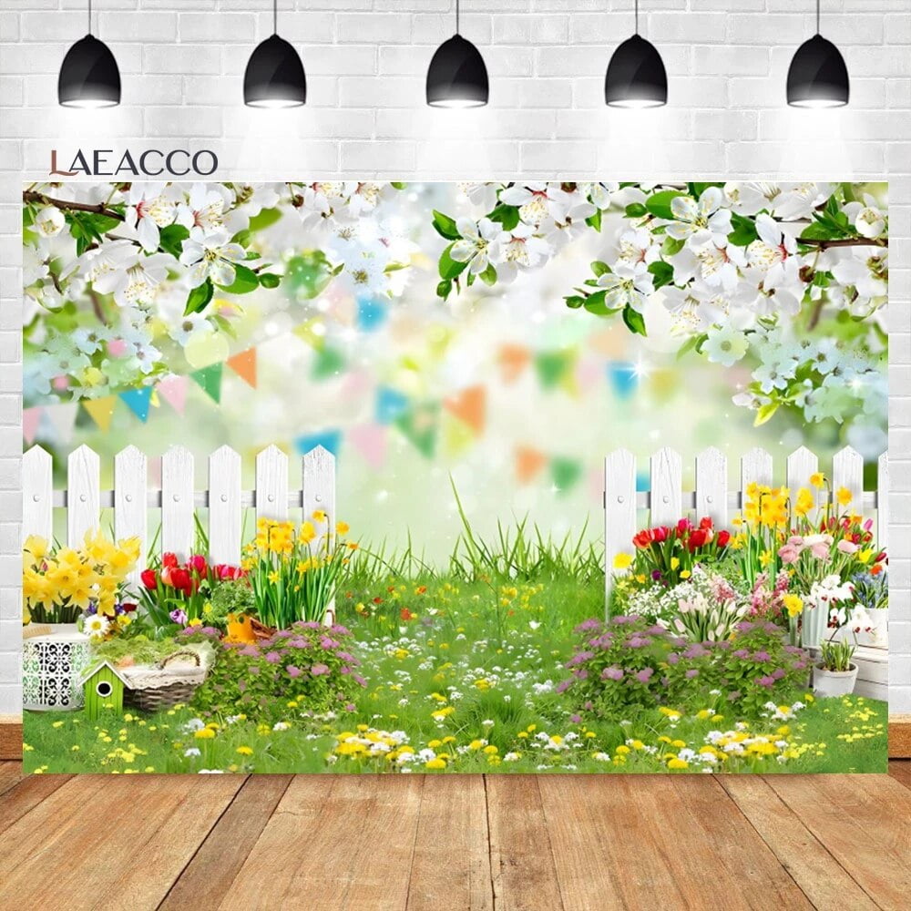 Laeacco Easter Photography Backgrounds Wooden Board Wall Green Grass ...