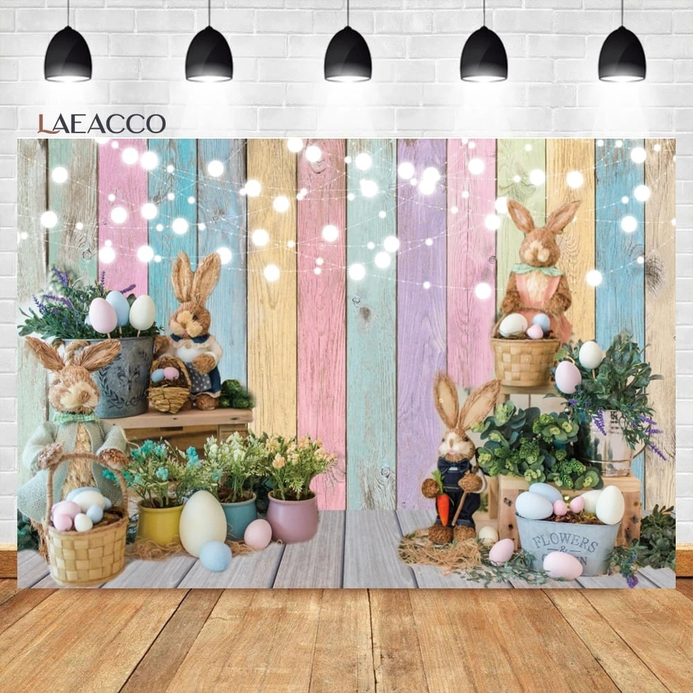 Laeacco Easter Photography Backgrounds Wooden Board Wall Green Grass ...