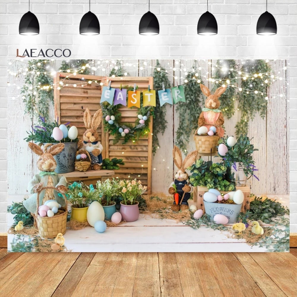 Laeacco Easter Photography Backgrounds Wooden Board Wall Green Grass ...