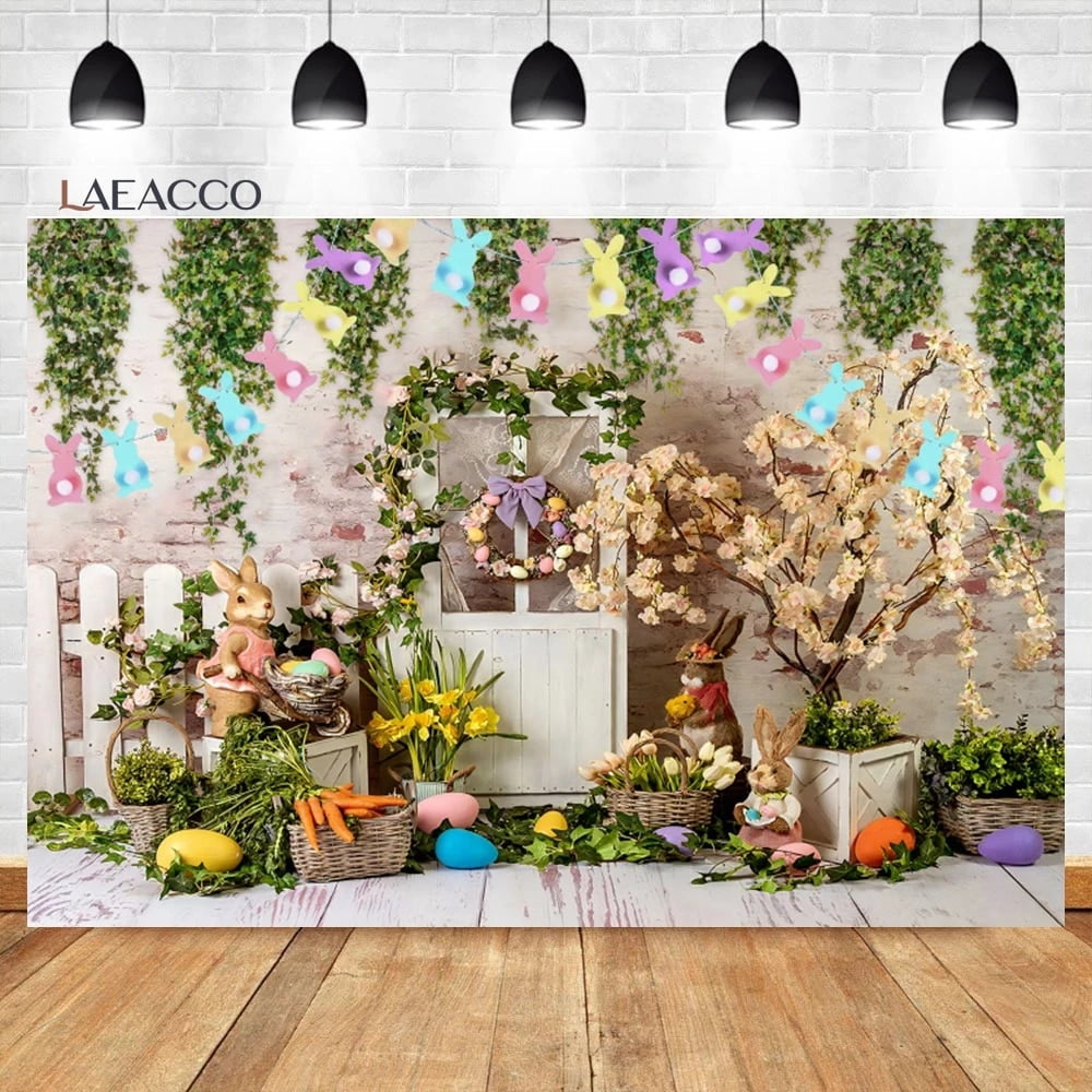 Laeacco Easter Photography Backgrounds Wooden Board Wall Green Grass ...