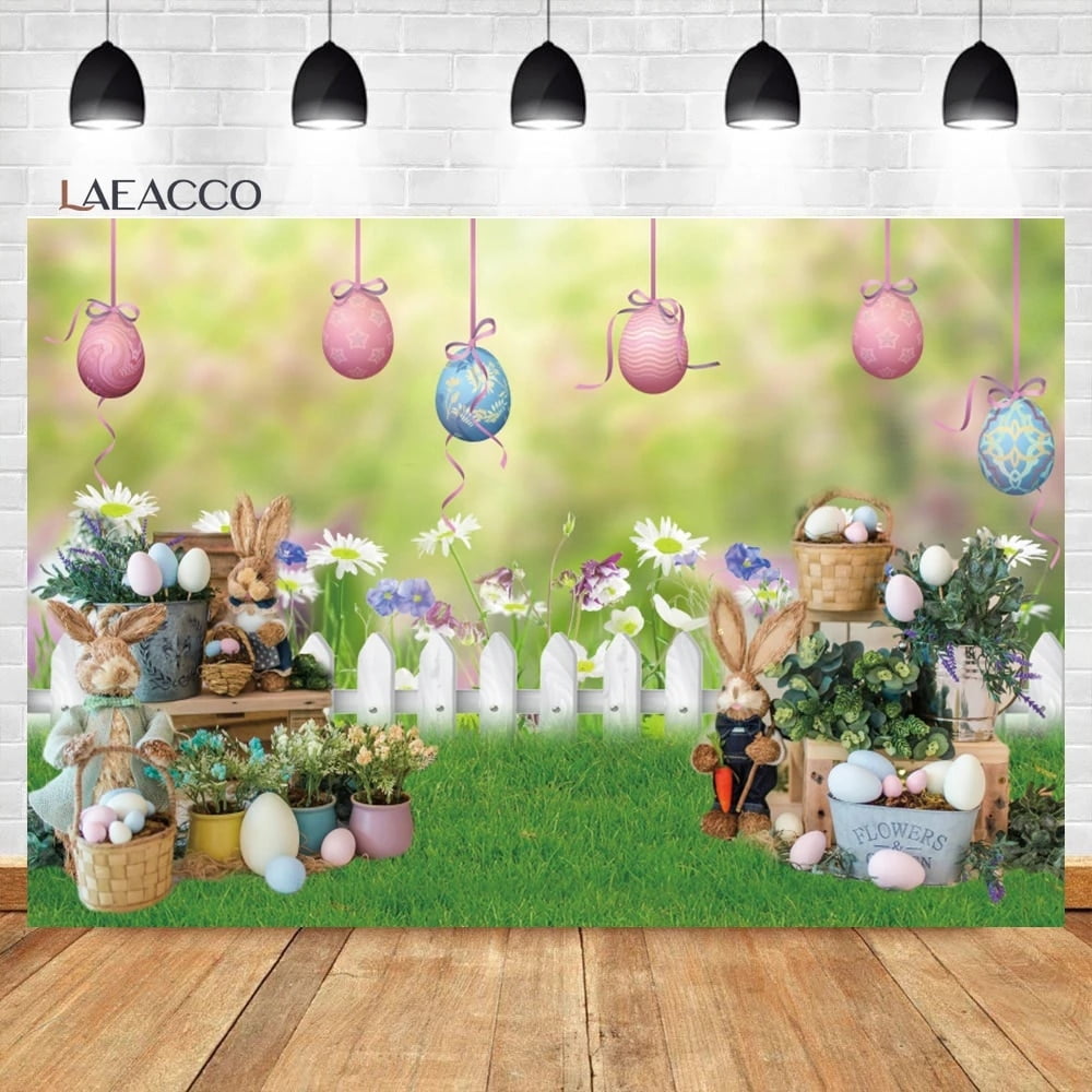 Laeacco Easter Photography Backgrounds Wooden Board Wall Green Grass ...