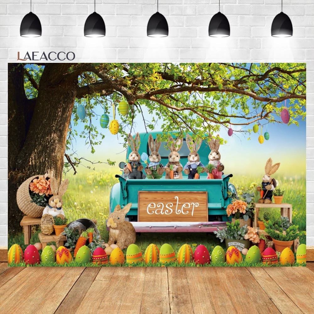 Laeacco Easter Photography Backgrounds Wooden Board Wall Green Grass ...