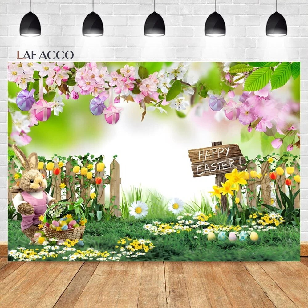 Laeacco Easter Photography Backgrounds Wooden Board Wall Green Grass ...
