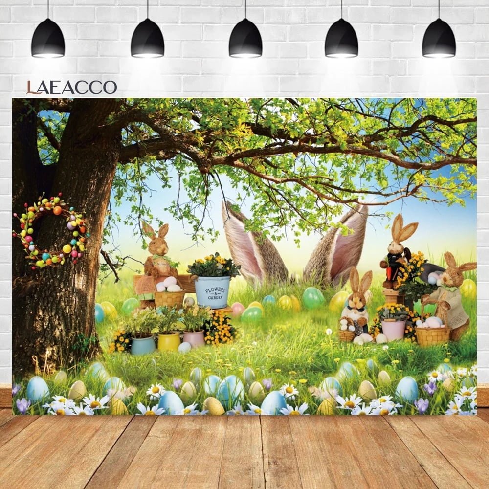 Laeacco Easter Photography Backgrounds Wooden Board Wall Green Grass ...