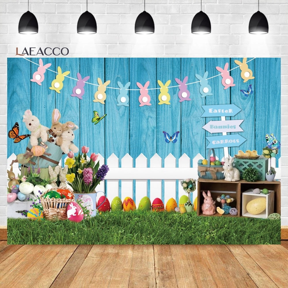Laeacco Easter Photography Backgrounds Wooden Board Wall Green Grass ...