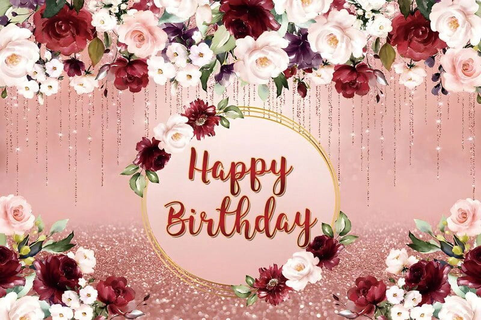 Laeacco Floral Happy Birthday Backdrop Turquoise Flowers Rose Gold ...