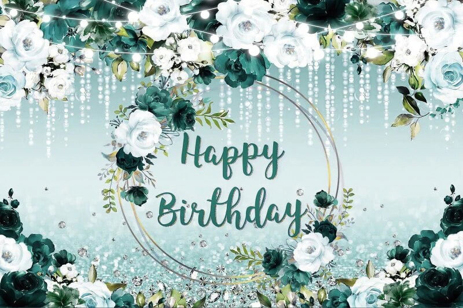 Laeacco Floral Happy Birthday Backdrop Turquoise Flowers Rose Gold ...