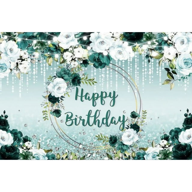 Laeacco Floral Happy Birthday Backdrop Turquoise Flowers Rose Gold ...