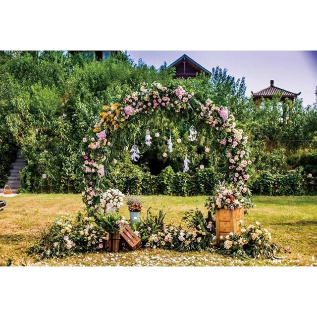 Laeacco Forest Wedding Photophone Pink Curtain Frame Flowers Grass ...