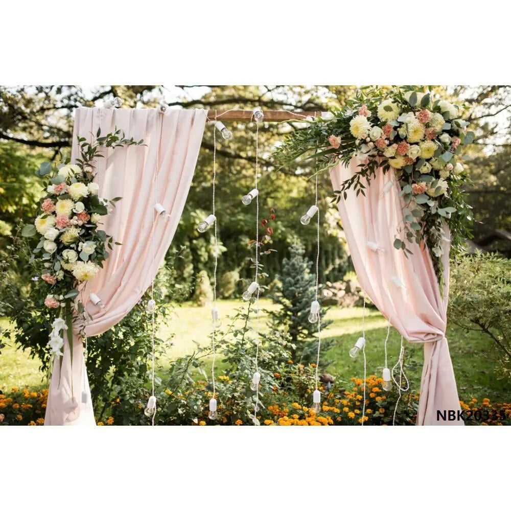 Laeacco Forest Wedding Photophone Pink Curtain Frame Flowers Grass ...