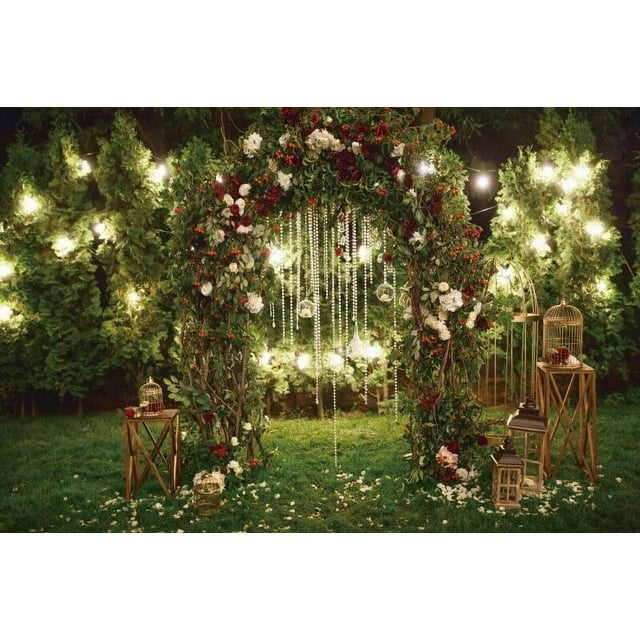 Laeacco Forest Wedding Photophone Pink Curtain Frame Flowers Grass ...