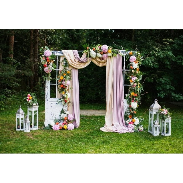 Laeacco Forest Wedding Photophone Pink Curtain Frame Flowers Grass ...