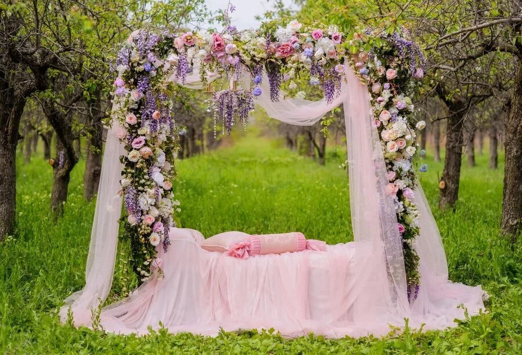 Laeacco Forest Wedding Photophone Pink Curtain Frame Flowers Grass ...