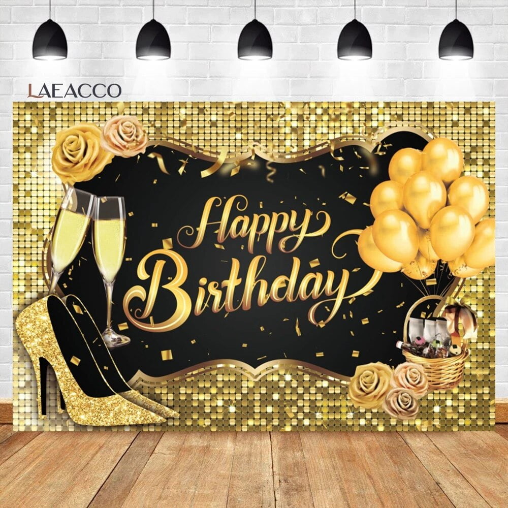 Laeacco Golden Black Balloons Glitter 18th 20th 30th Adult Birthday Party Custom Backdrop ...