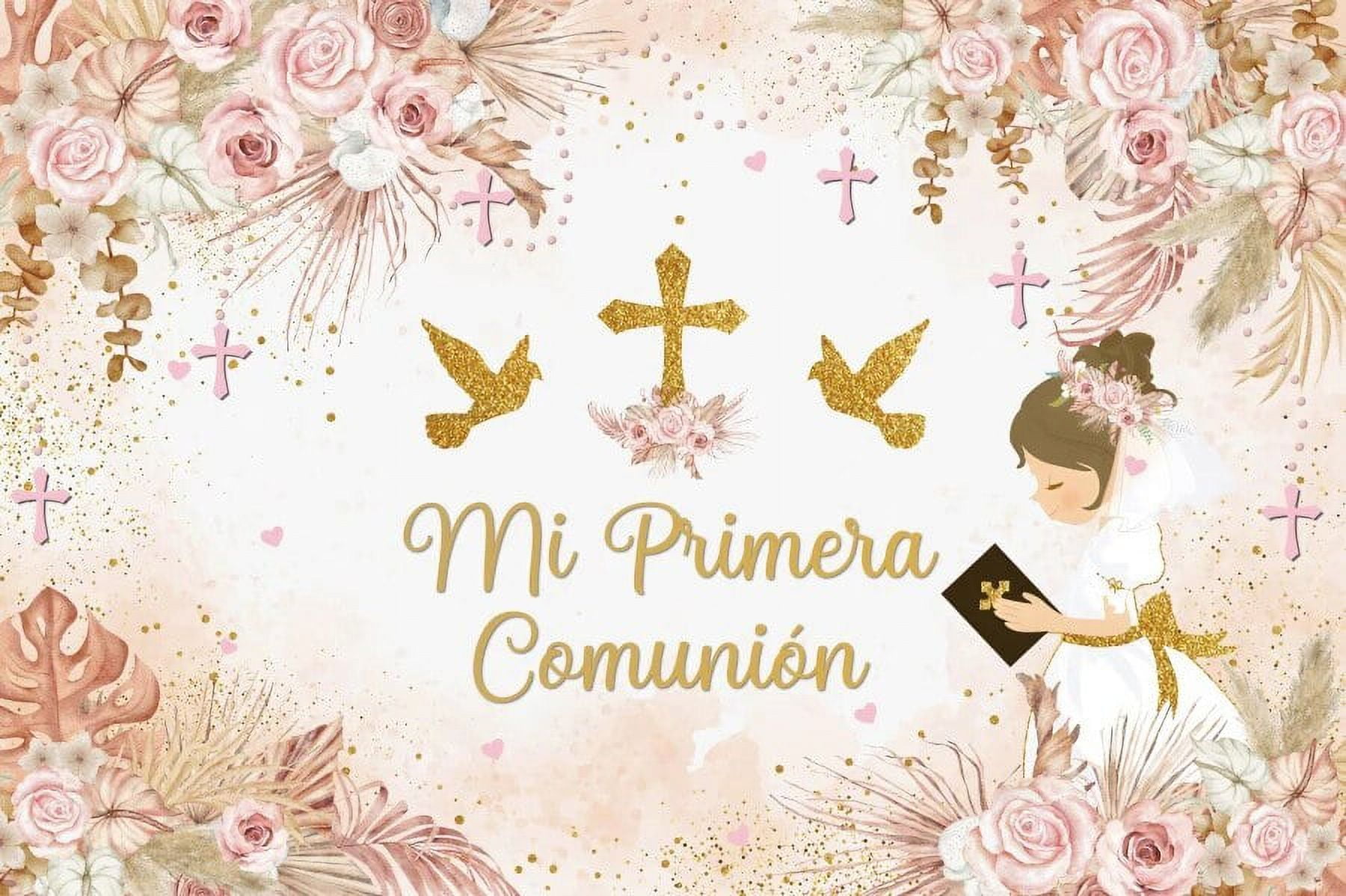 Laeacco My First Communion Backdrop Pink Flowers Baptism Baby Shower ...