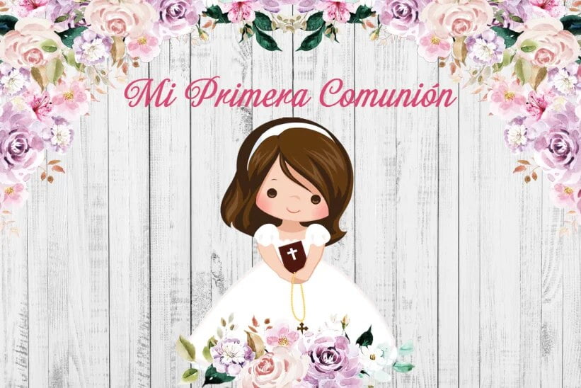 Laeacco My First Communion Backdrop Pink Flowers Baptism Baby Shower ...