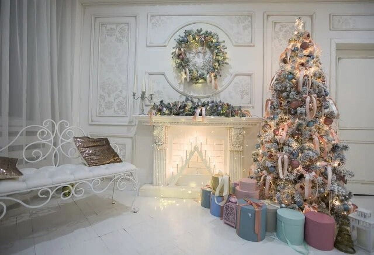 Laeacco Room Interior Christmas Fireplace Sofa Flowers Candle Family ...