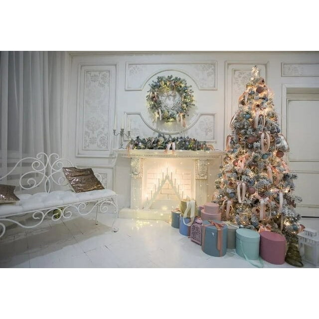 Laeacco Room Interior Christmas Fireplace Sofa Flowers Candle Family ...