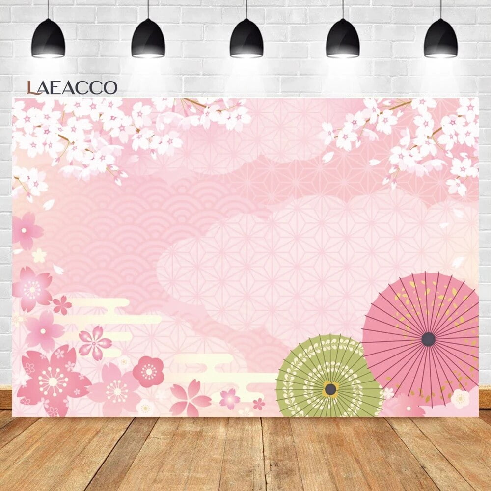 Laeacco Spring Pink Sakura Flower Backdrop Cherry Blossoms Umbrella ...