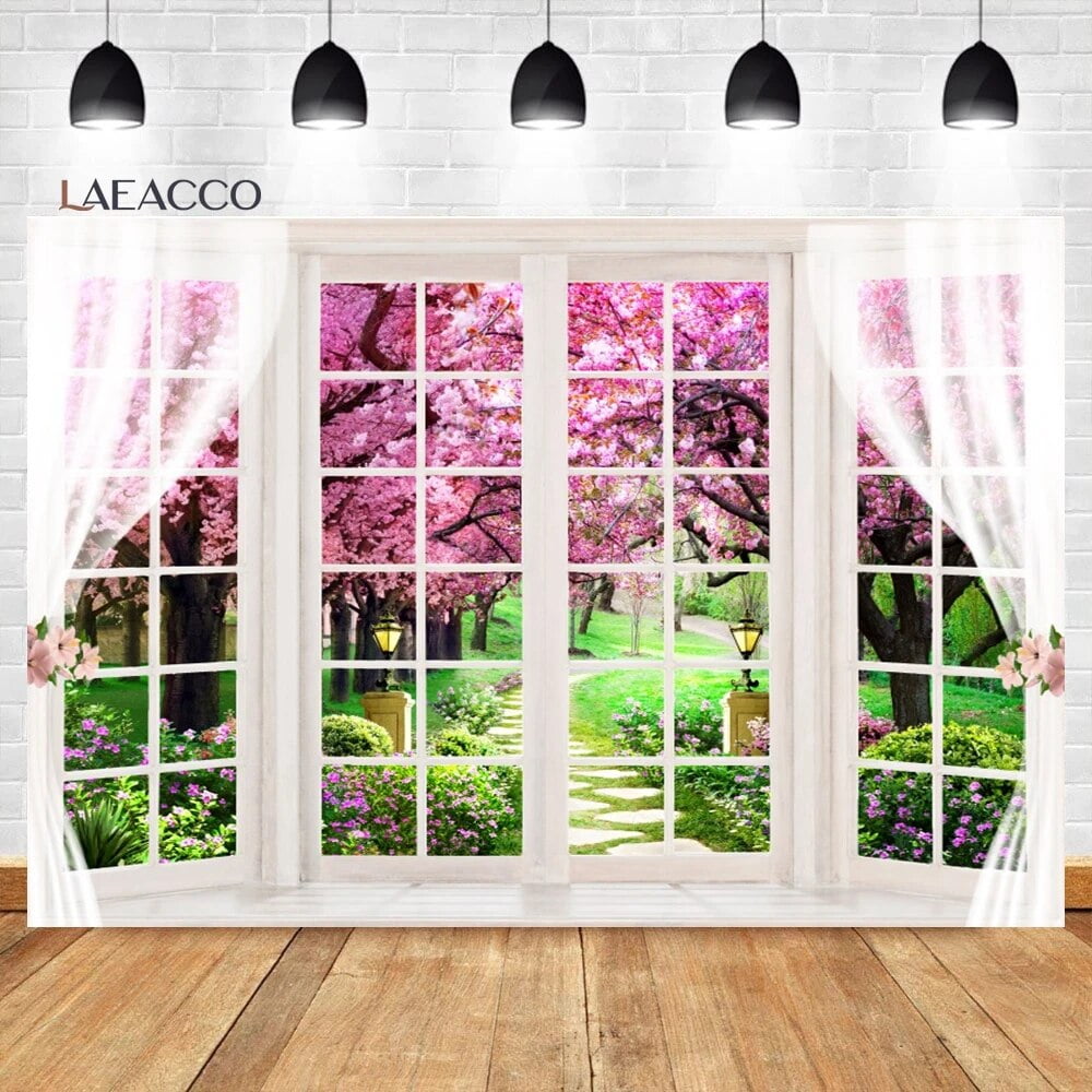 Laeacco Spring Window Scenery Photography Backdrop Garden Flowers Tree ...