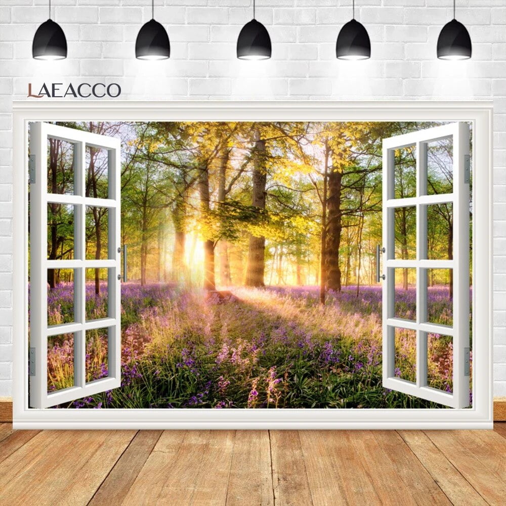Laeacco Spring Window Scenery Photography Backdrop Garden Flowers Tree ...
