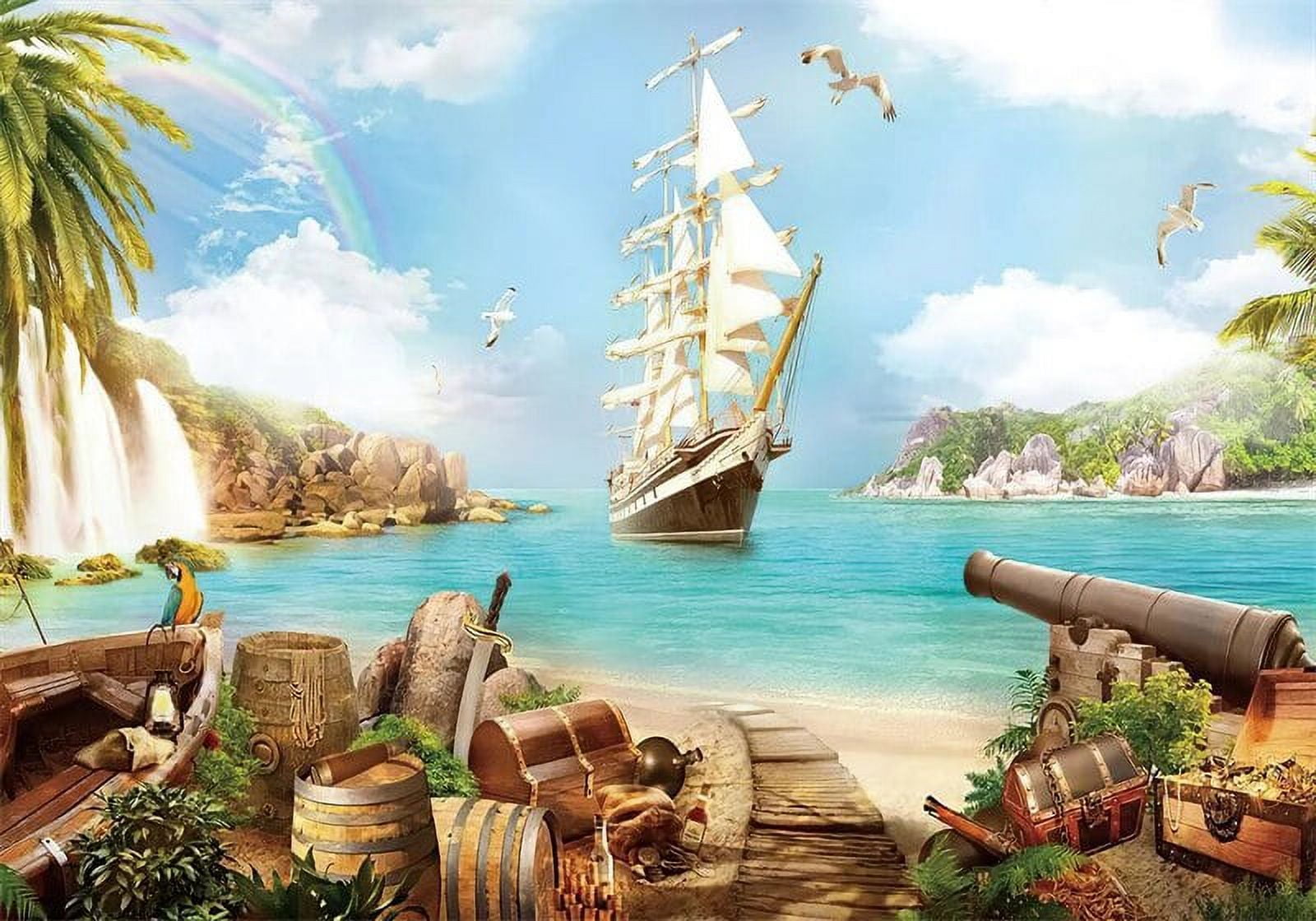 Laeacco Summer Beach Island Pirate Ship Backdrop Ocean Seascape Palm ...