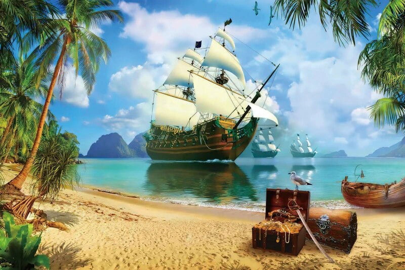 Laeacco Summer Beach Island Pirate Ship Backdrop Ocean Seascape Palm ...