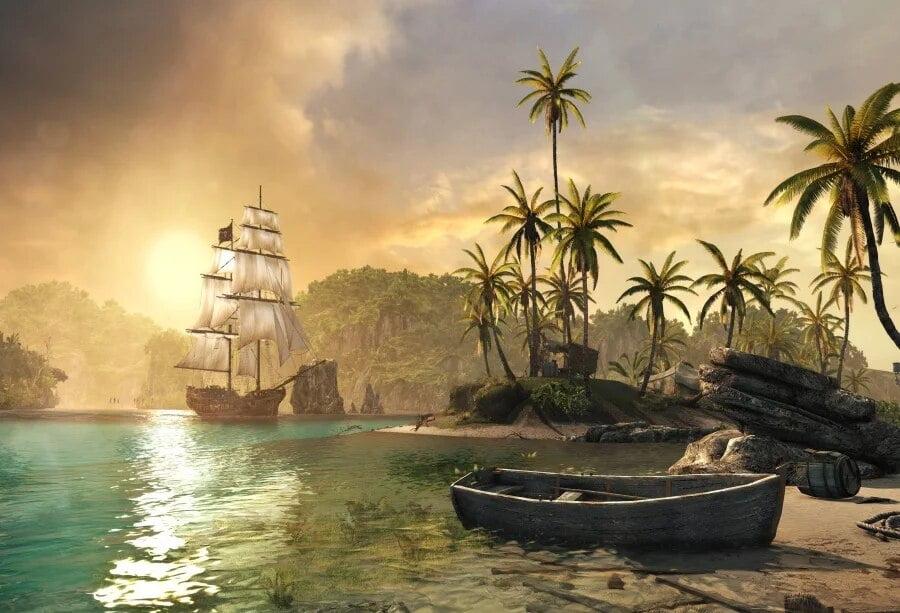 Laeacco Summer Beach Island Pirate Ship Backdrop Ocean Seascape Palm ...