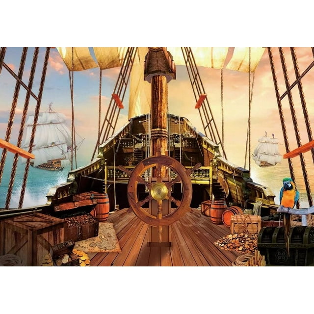 Laeacco Summer Beach Island Pirate Ship Backdrop Ocean Seascape Palm ...
