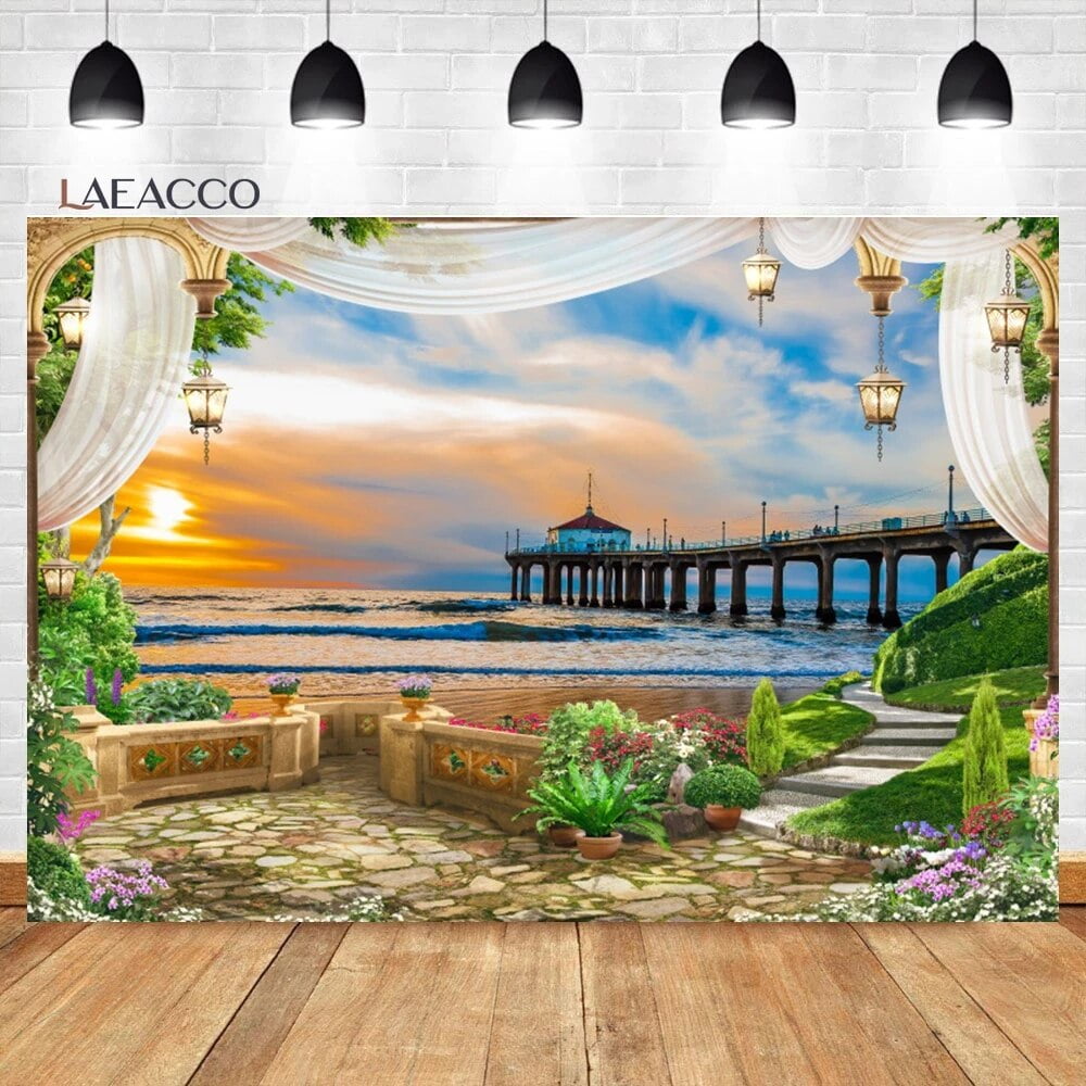 Laeacco Summer Seaside Tropical Beach Balcony View Backdrop Palm Trees ...