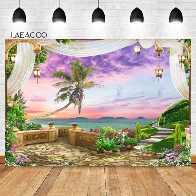 Laeacco Summer Seaside Tropical Beach Balcony View Backdrop Palm Trees ...