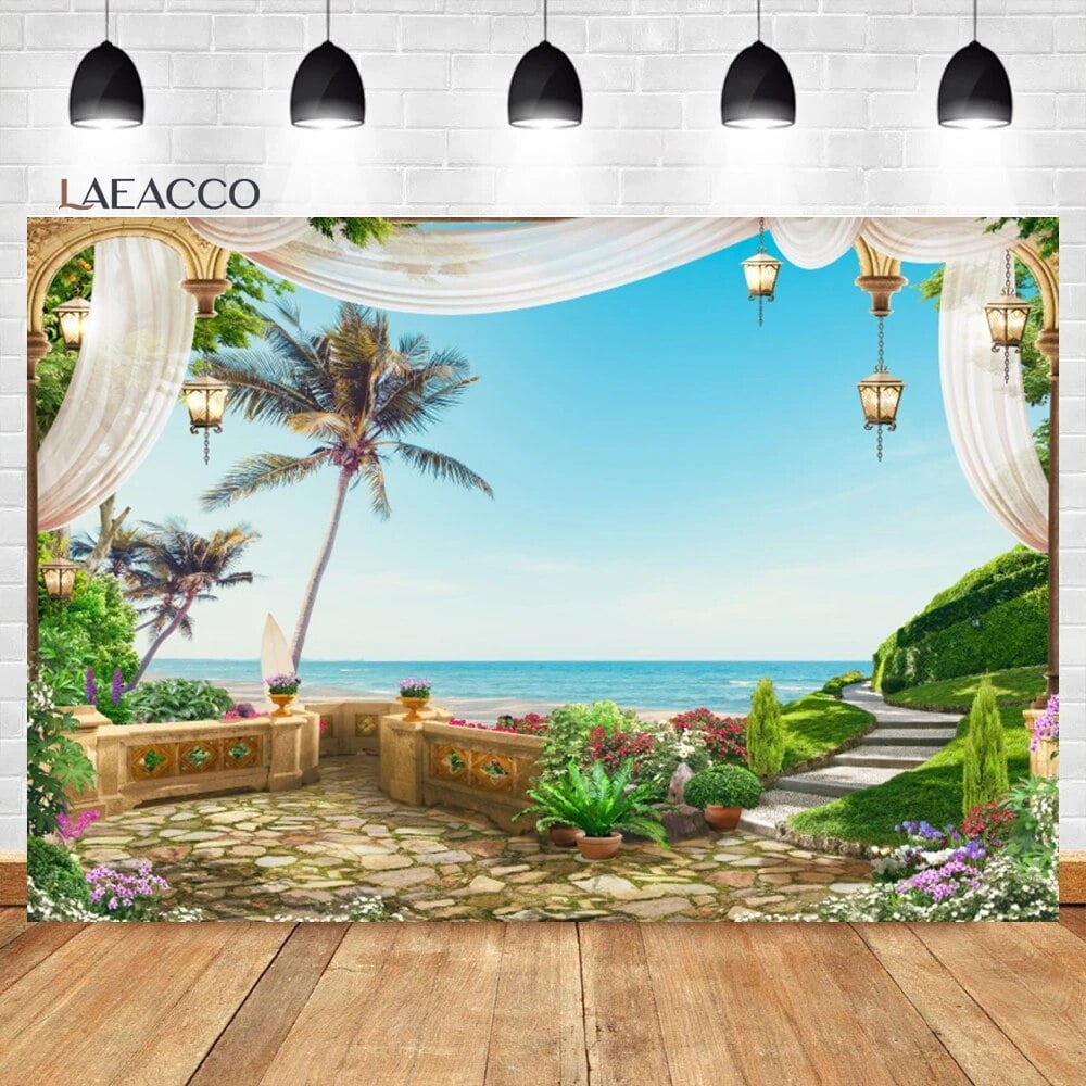 Laeacco Summer Seaside Tropical Beach Balcony View Backdrop Palm Trees ...