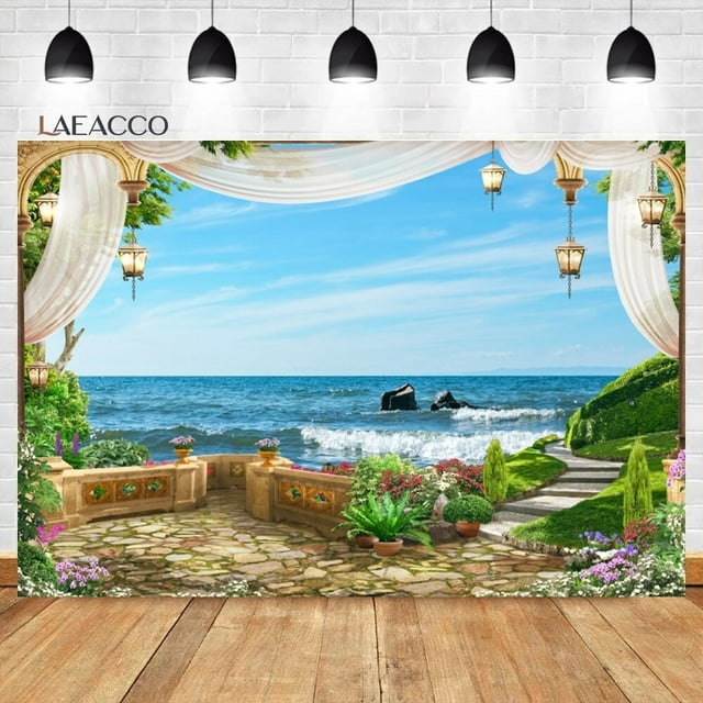 Laeacco Summer Seaside Tropical Beach Balcony View Backdrop Palm Trees ...